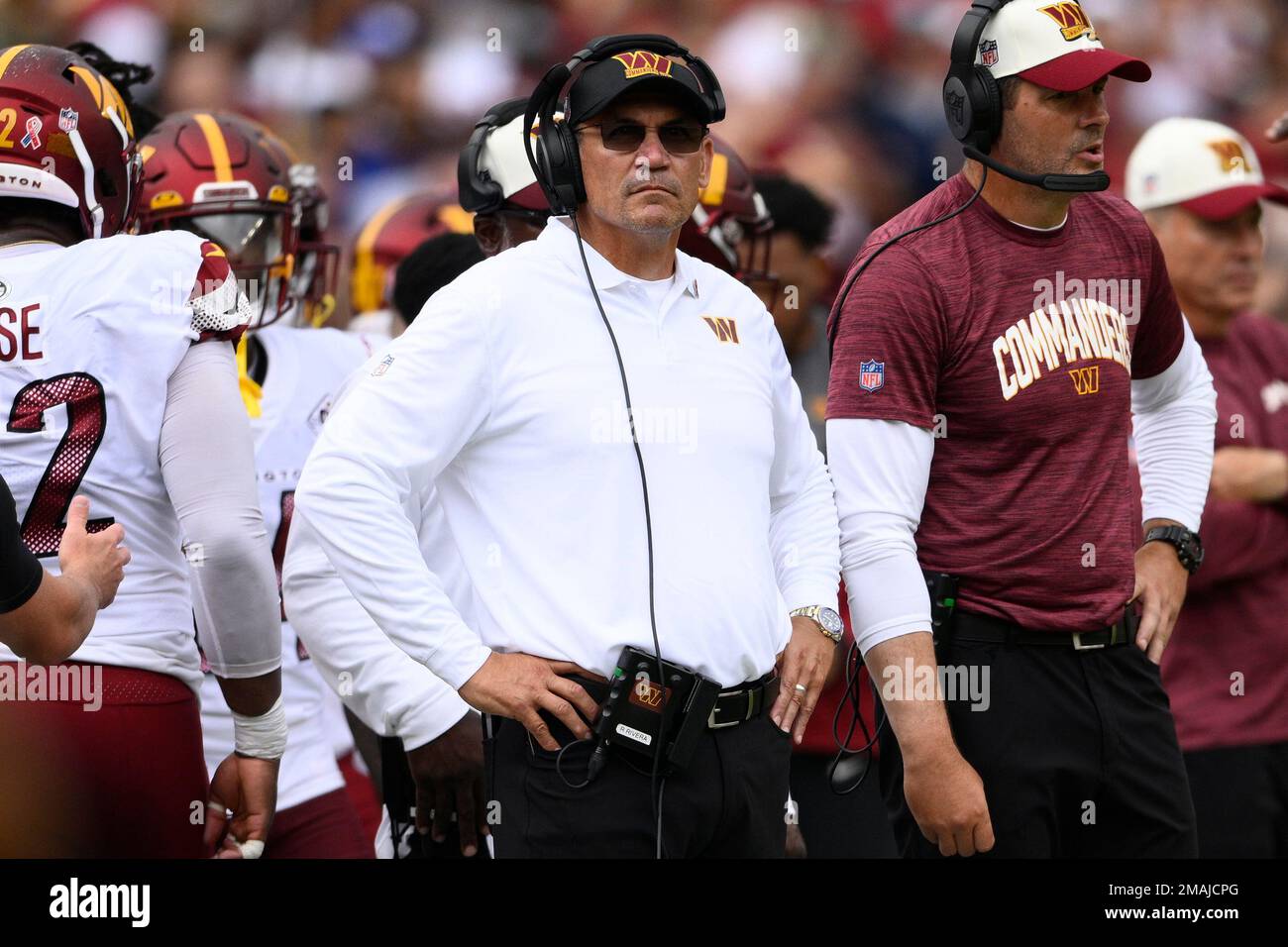Washington Commanders head coach Ron Rivera looks on during the first ...