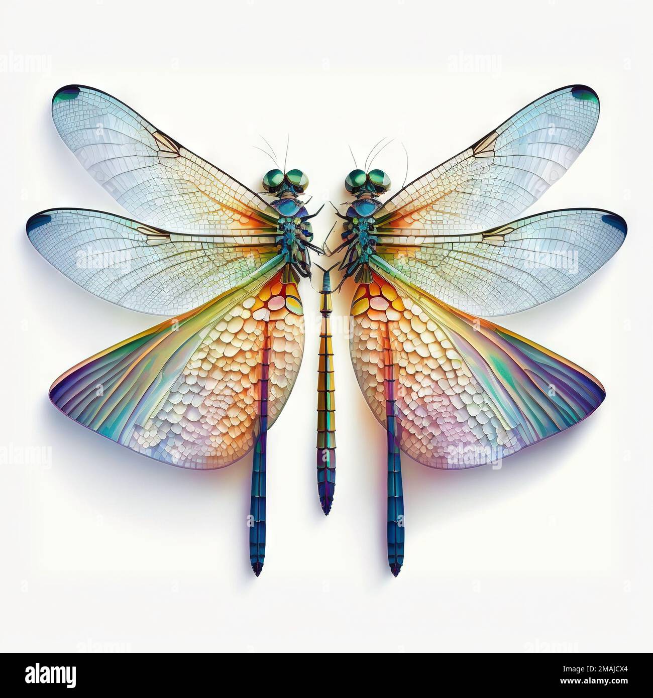 two dragonflies are sitting on a white surface with their wings spread ...