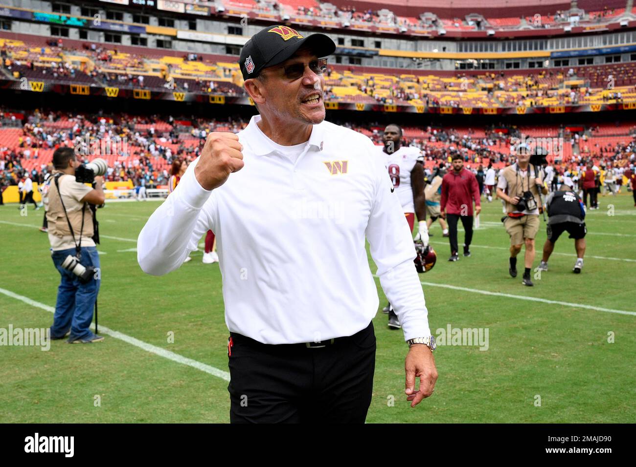 Washington Commanders head coach Ron Rivera reacts after a NFL football ...