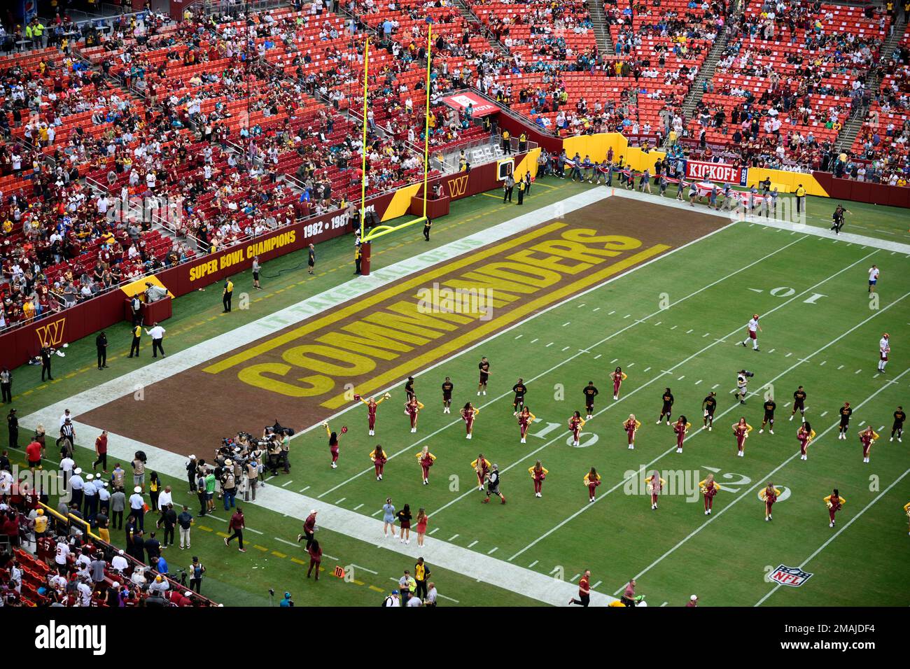 The Washington Commanders logo is seen in the end zone before a NFL ...