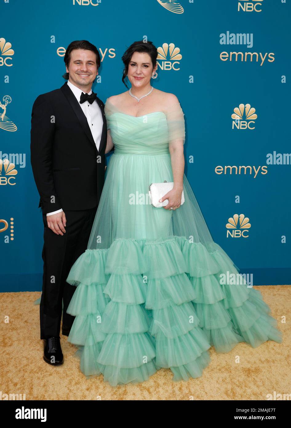 Jason Ritter, left, and Melanie Lynskey arrive at the 74th Emmy Awards ...