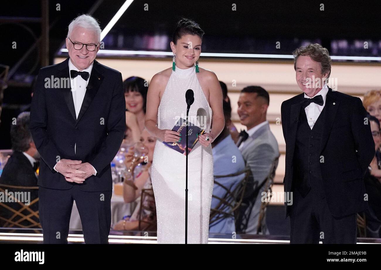 Steve Martin, from left, Selena Gomez, and Martin Short present the ...