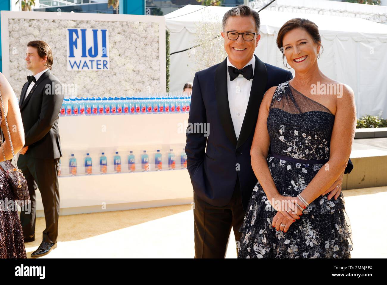 Stephen Colbert, left, and Evelyn McGee-Colbert arrive at the 74th Emmy ...