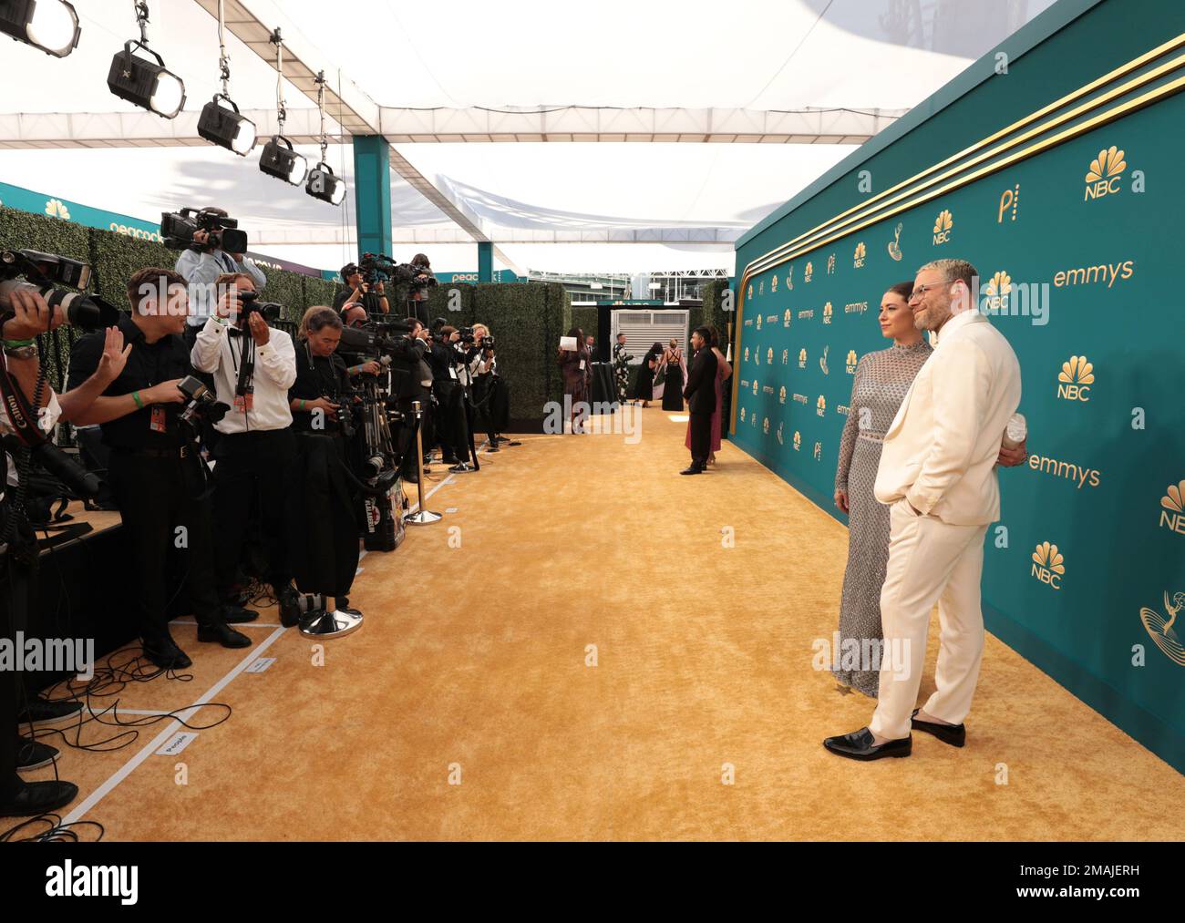 Lauren Miller Rogen, left, and Seth Rogen arrive at the 74th Emmy ...
