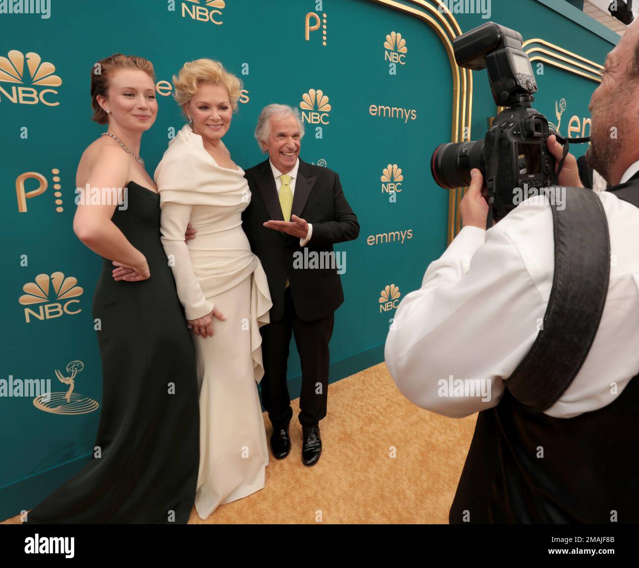 Hannah Einbinder, from left, Jean Smart and Henry Winkler arrive at the ...