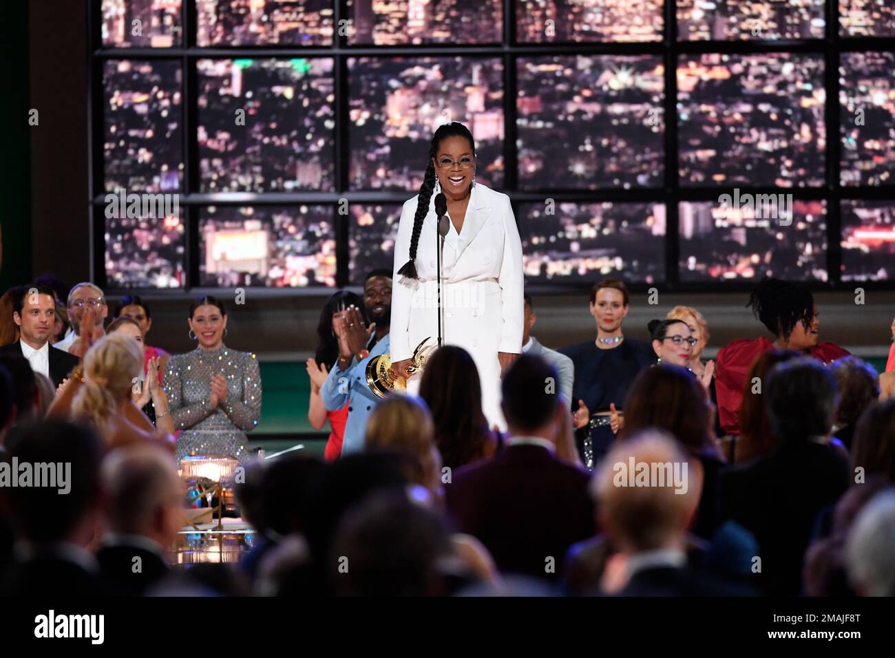 Oprah Winfrey speaks on stage at the 74th Emmy Awards on Monday, Sept ...