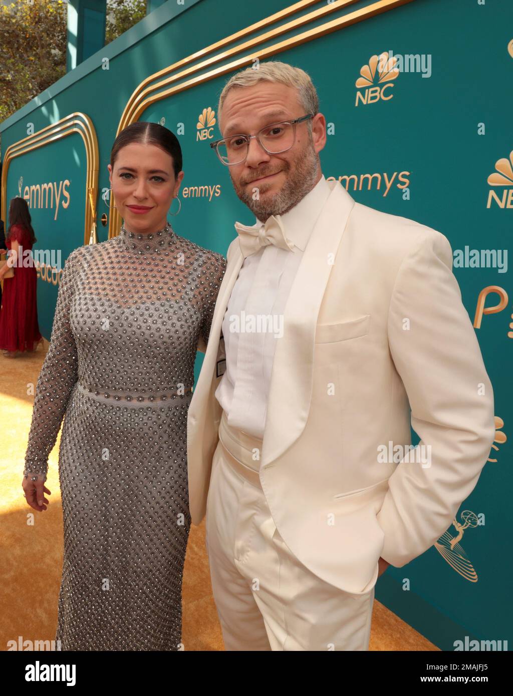 Lauren Miller Rogen, left, and Seth Rogen arrive at the 74th Emmy ...
