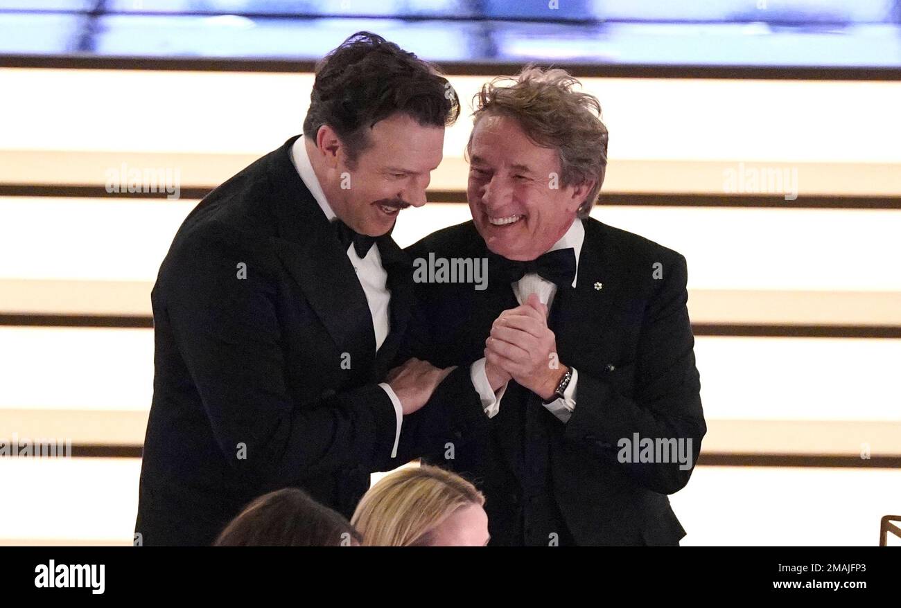 Jason Sudeikis, left, and Martin Short embrace at the 74th Primetime ...