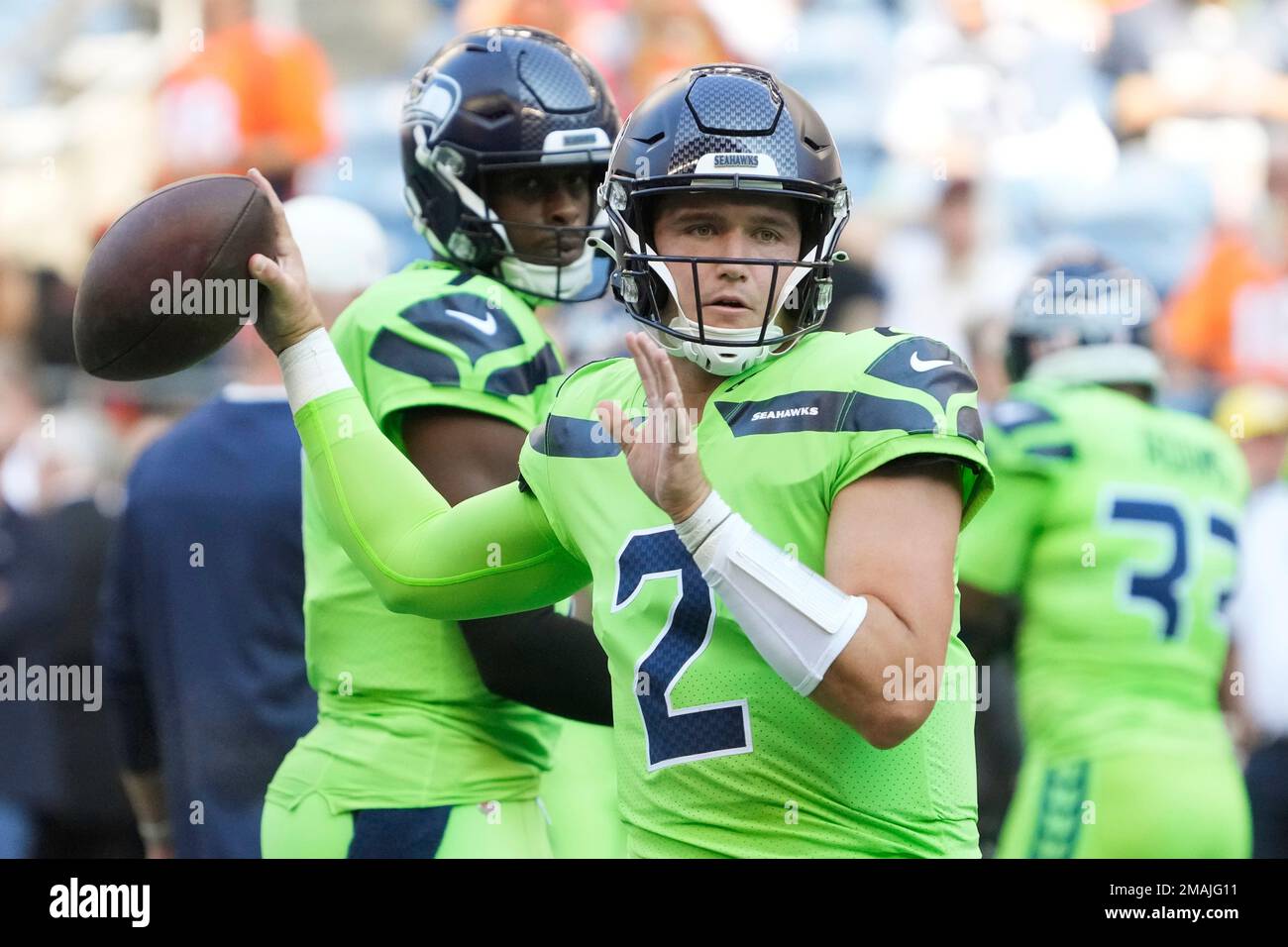 Seattle Seahawks Drew Lock passes during warmups before an NFL football ...
