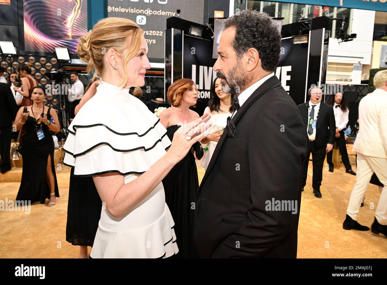 Laura Linney, left, and Tony Shalhoub arrives at the 74th Emmy Awards ...