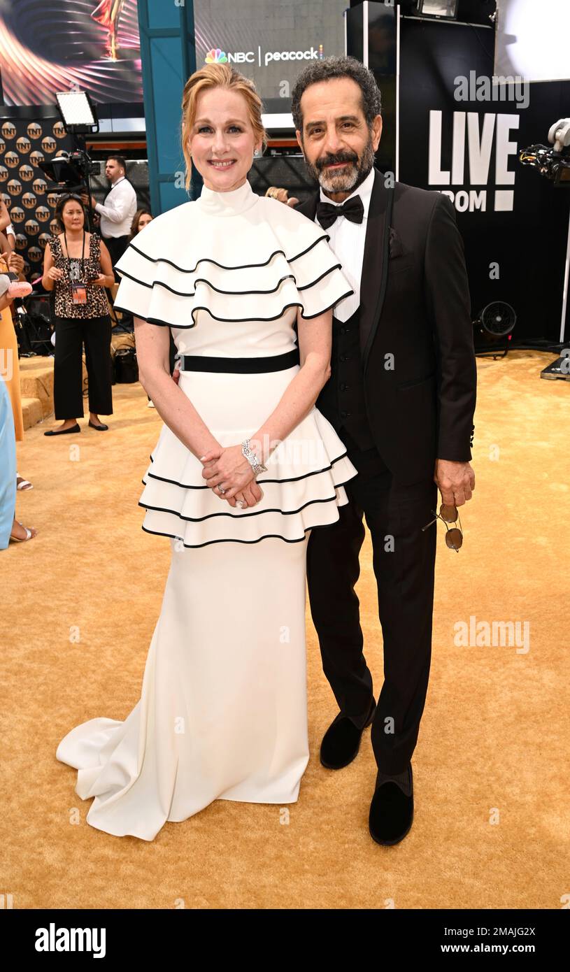 Laura Linney, left, and Tony Shalhoub arrives at the 74th Emmy Awards ...