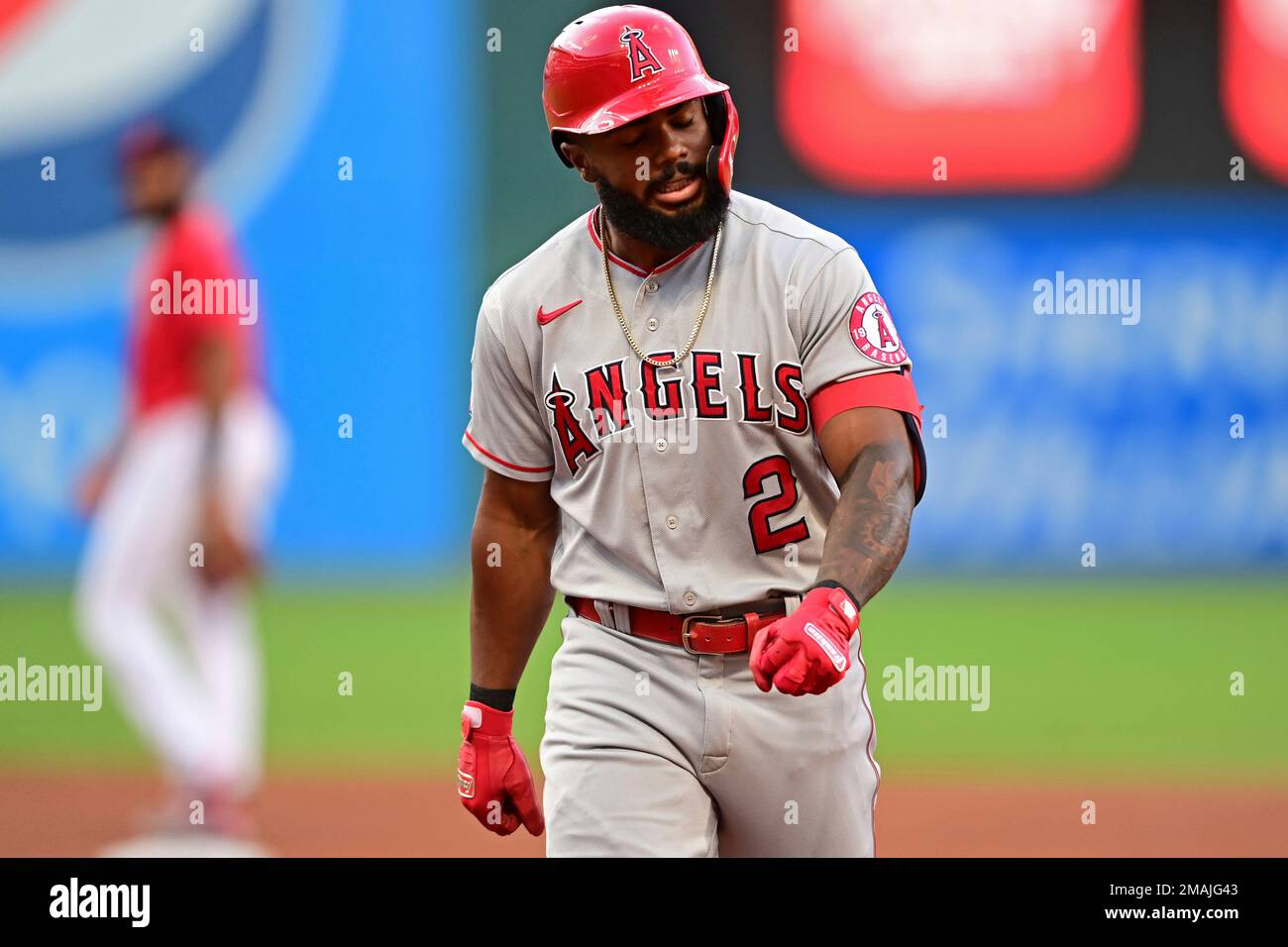 Los Angeles Angels' Luis Rengifo reacts after flying out during the ...