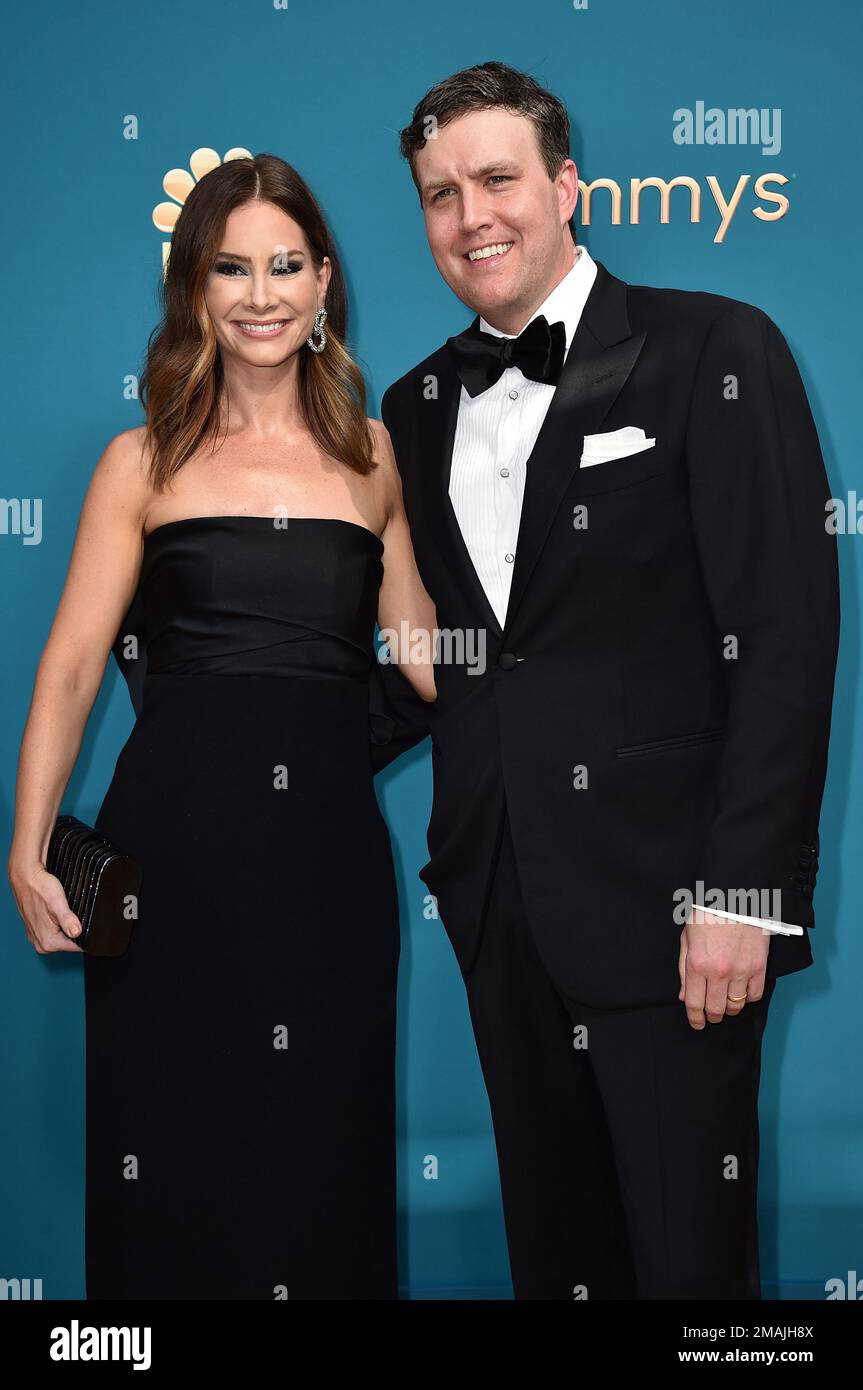 Rebecca Jarvis, left, and Matthew Hanson arrive at the 74th Emmy Awards ...