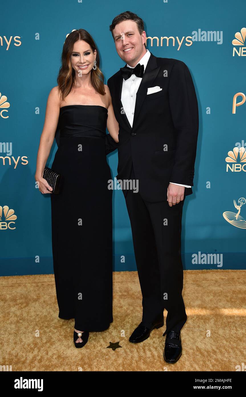 Rebecca Jarvis, left, and Matthew Hanson arrive at the 74th Emmy Awards ...