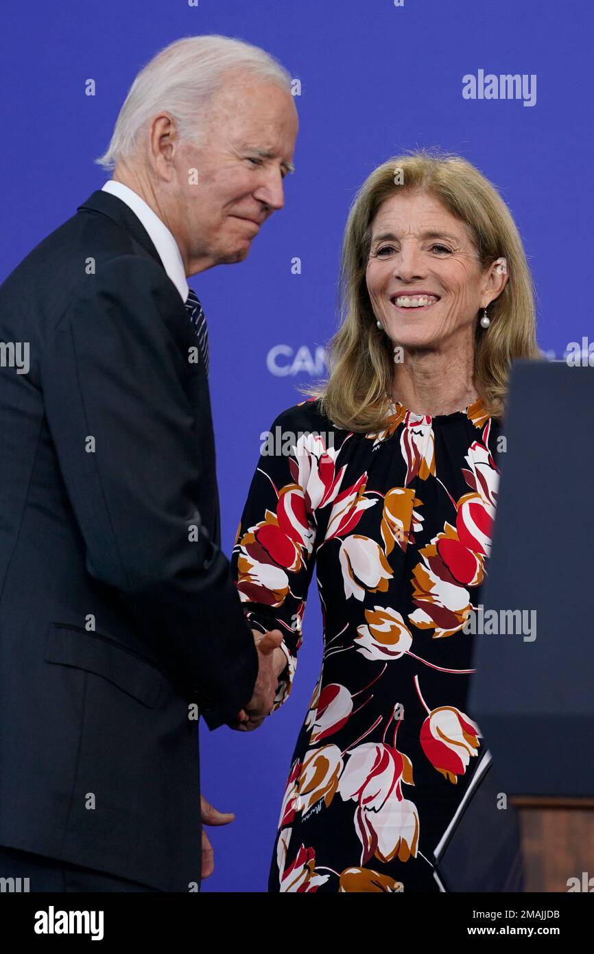 President Joe Biden greets Ambassador Caroline Kennedy before he speaks ...