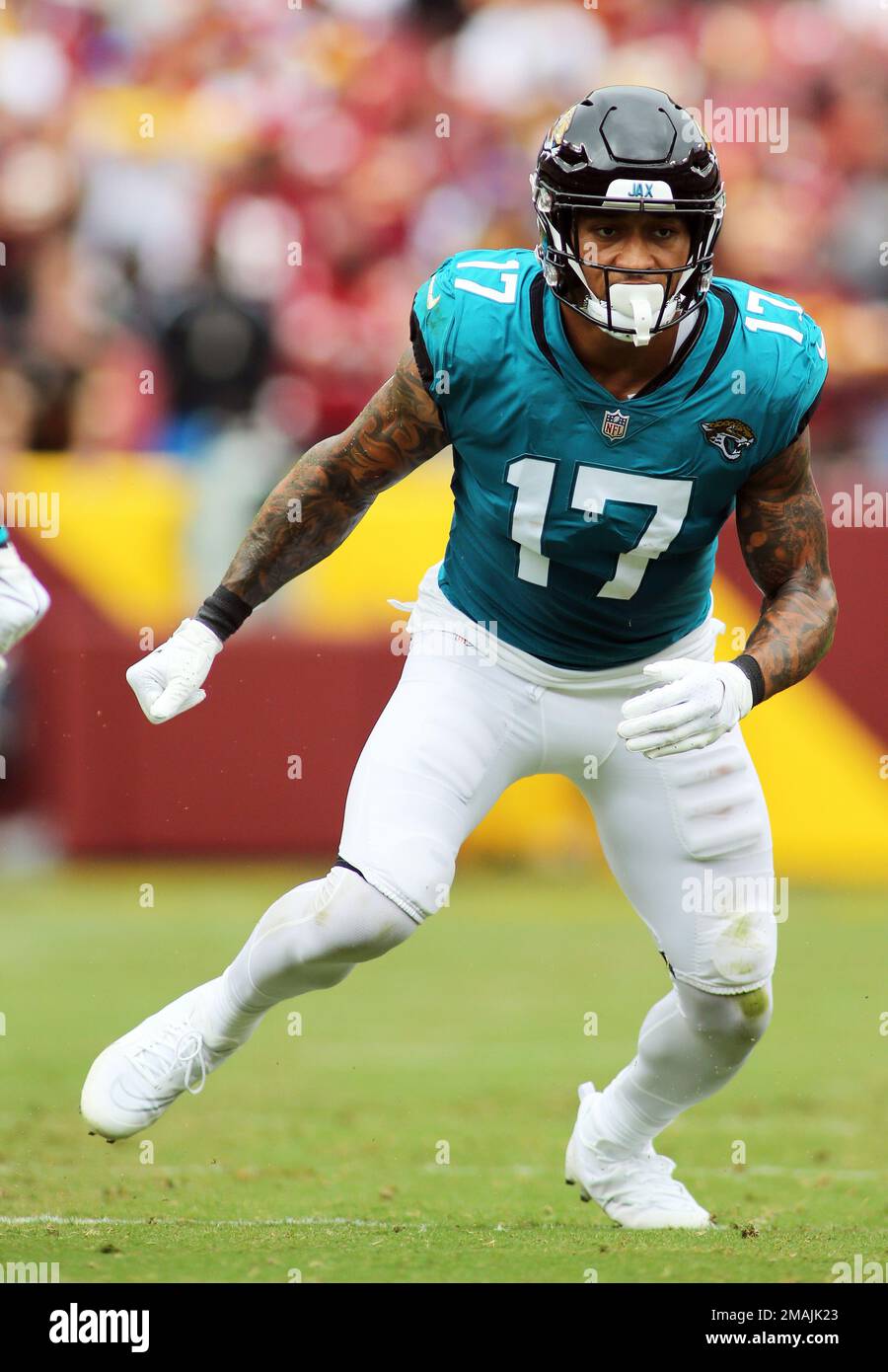 Jacksonville Jaguars tight end Evan Engram (17) runs during an NFL football game against the ...