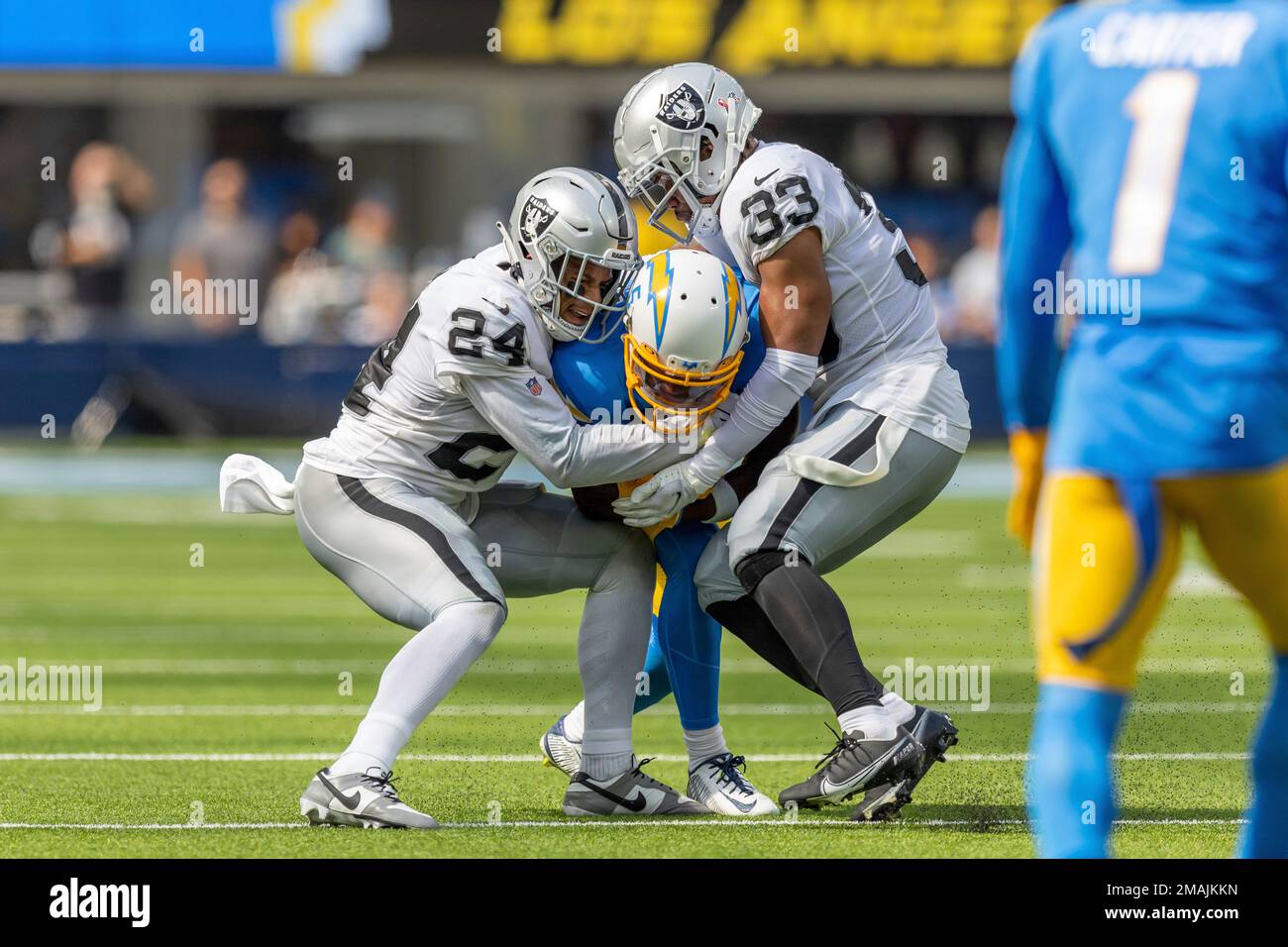 Safeties (24) Johnathan Abram and (33) Roderic Teamer of the Las Vegas ...