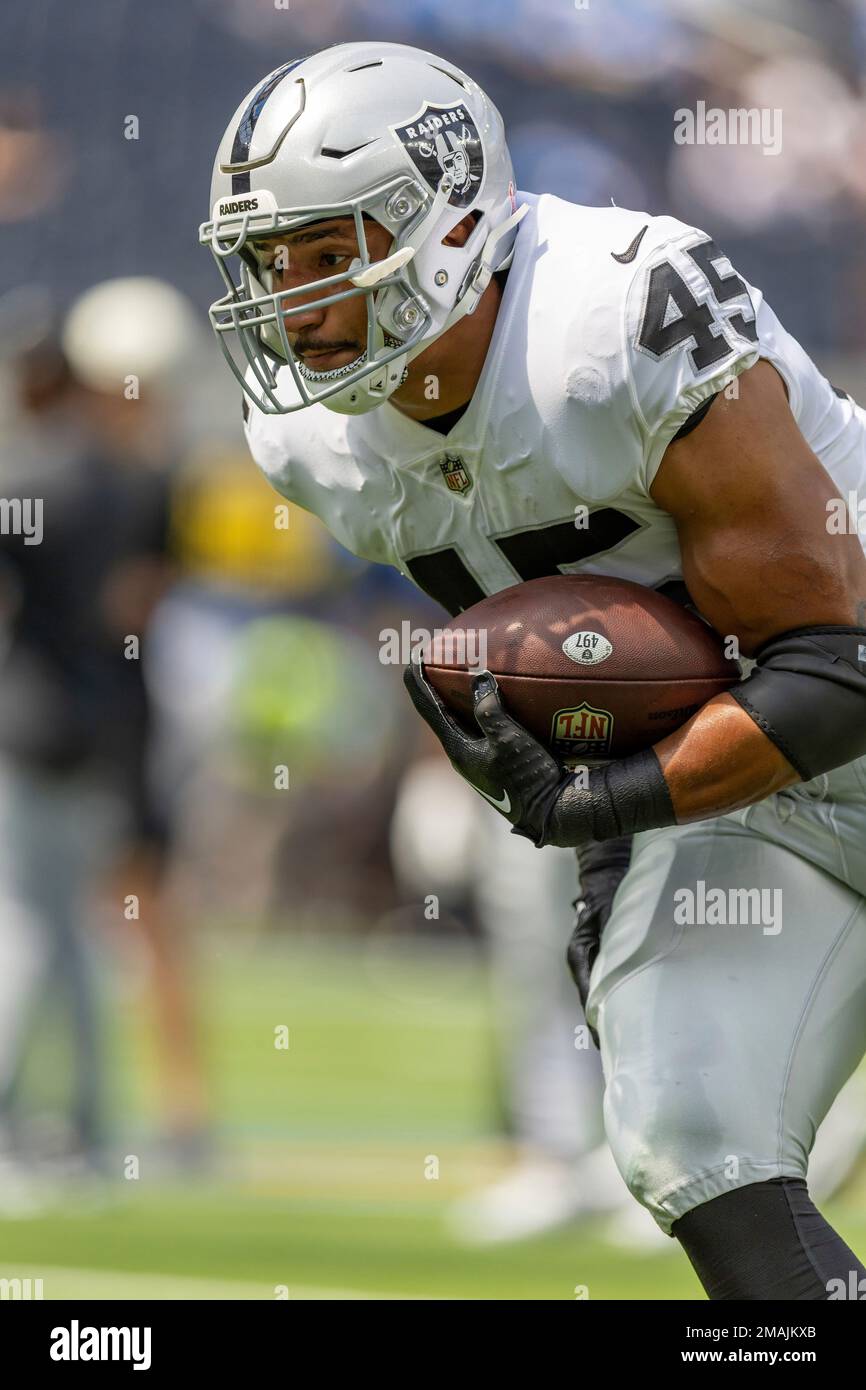 Full back (45) Jakob Johnson of the Las Vegas Raiders warms up before ...