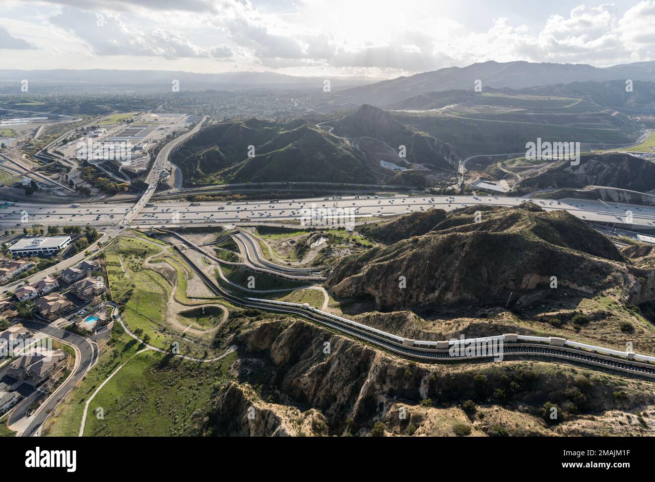 Aerial view of the Interstate 5 freeway and Los Angeles aqueduct ...