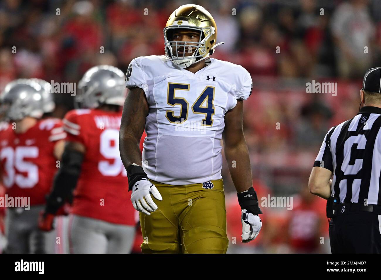 Notre Dame offensive lineman Blake Fisher walks during the fourth ...