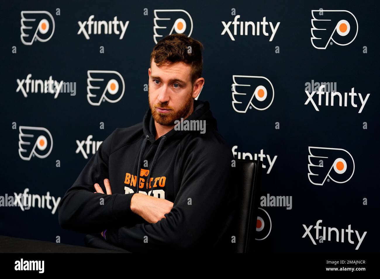 Philadelphia Flyers' Kevin Hayes speaks during a news conference at the ...
