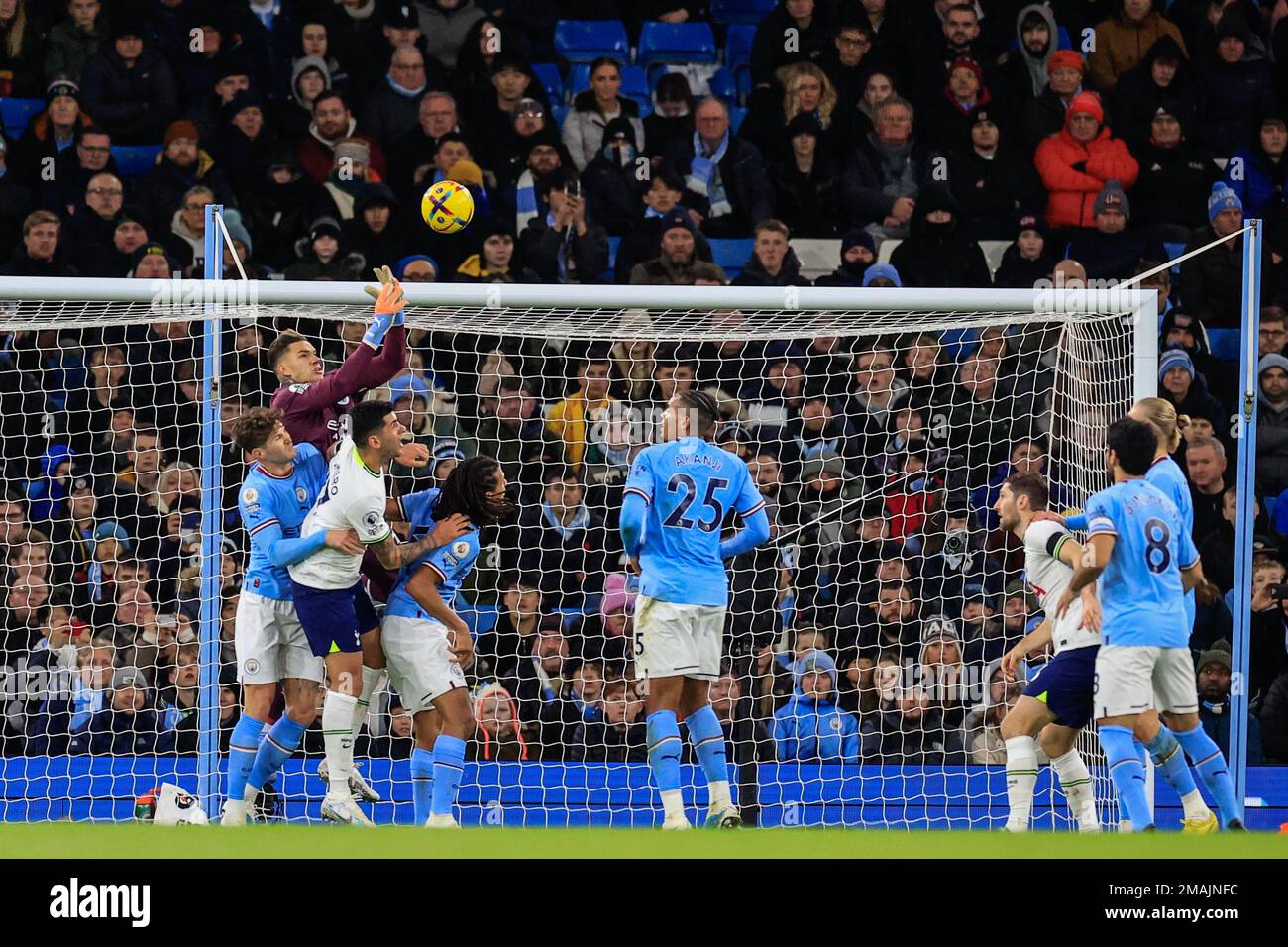 Ederson #31 of Manchester City punches the ball out during the Premier ...