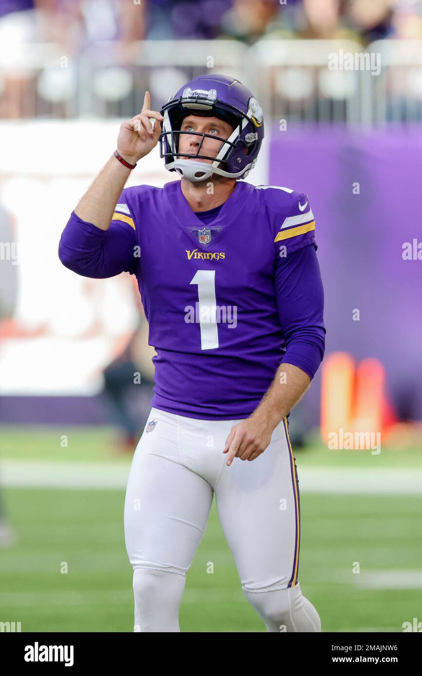 Minnesota Vikings place kicker Greg Joseph reacts after making a field ...