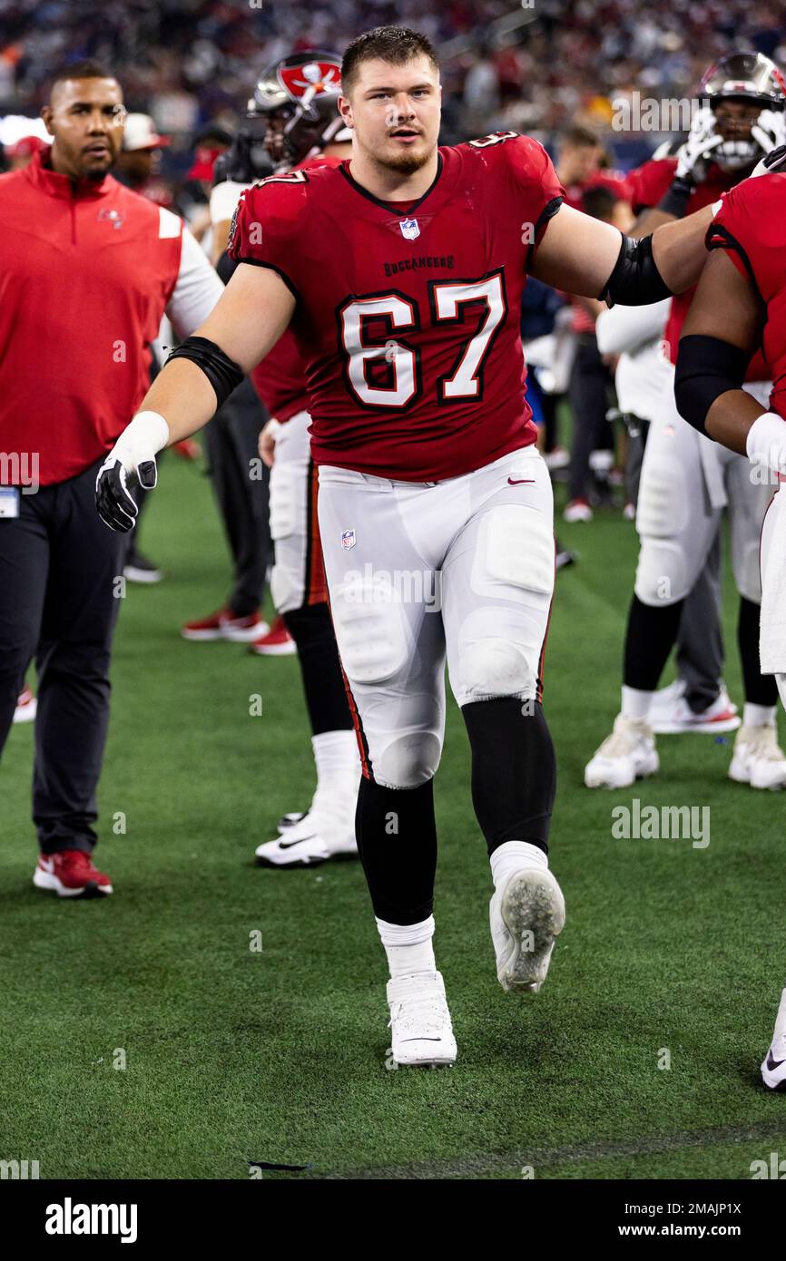 Tampa Bay Buccaneers guard Luke Goedeke (67) is seen during an NFL football game against the ...