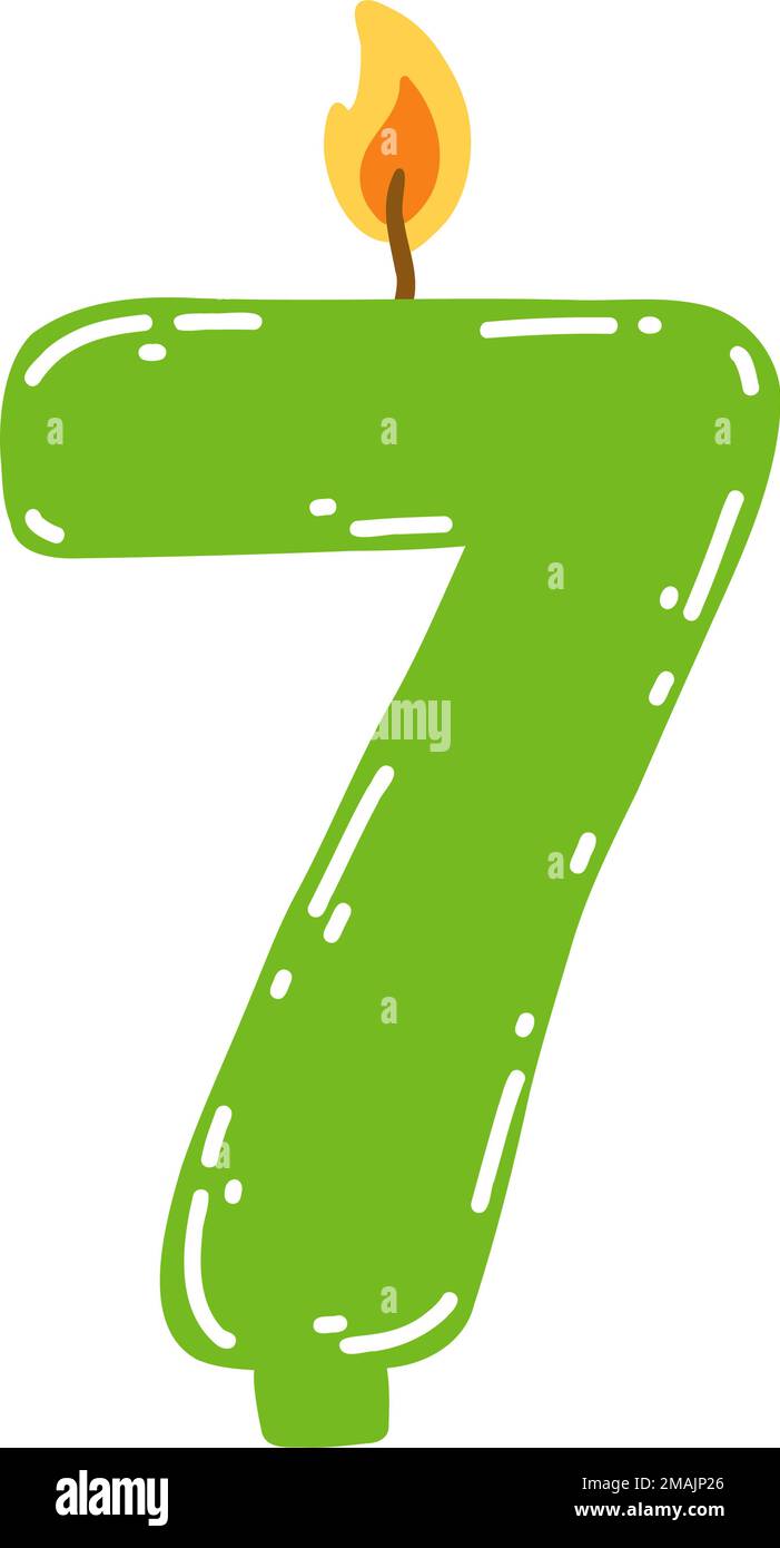 Candle number seven in flat style. Hand drawn vector illustration of 7 ...