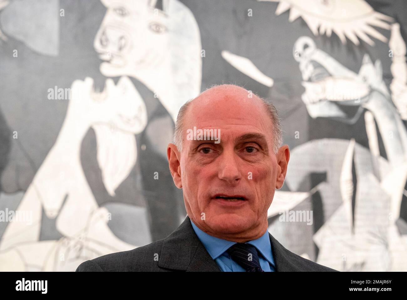 Bernard Ruiz-Picasso, grand son of Pablo Picasso, talks to reporters in front of Pablo Picasso's ...