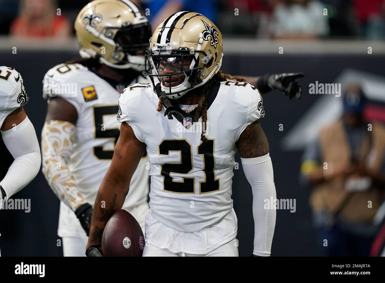 New Orleans Saints cornerback Bradley Roby (21) walks on the turf ...