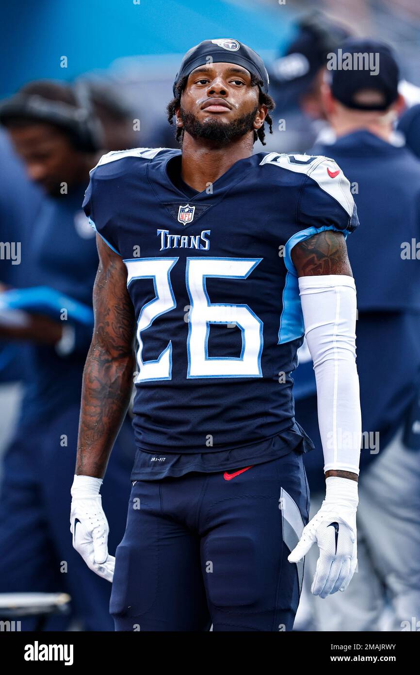 Tennessee Titans cornerback Kristian Fulton (26) watches the Jumbotron ...