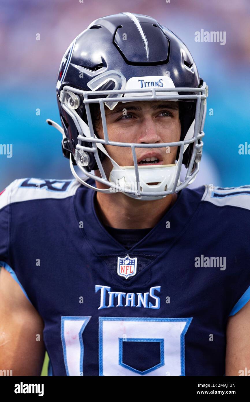 Tennessee Titans wide receiver Kyle Philips (18) watches his team warm ...