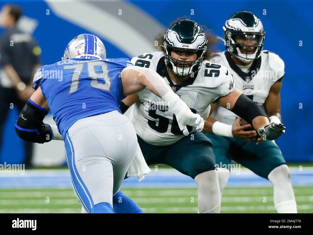 Philadelphia Eagles guard Isaac Seumalo (56) blocks against Detroit ...