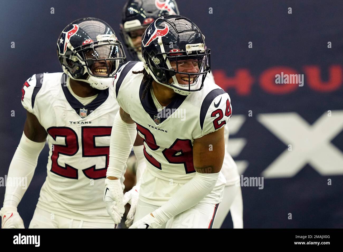 Houston Texans cornerback Derek Stingley Jr. (24) smiles after making a tackle against the ...