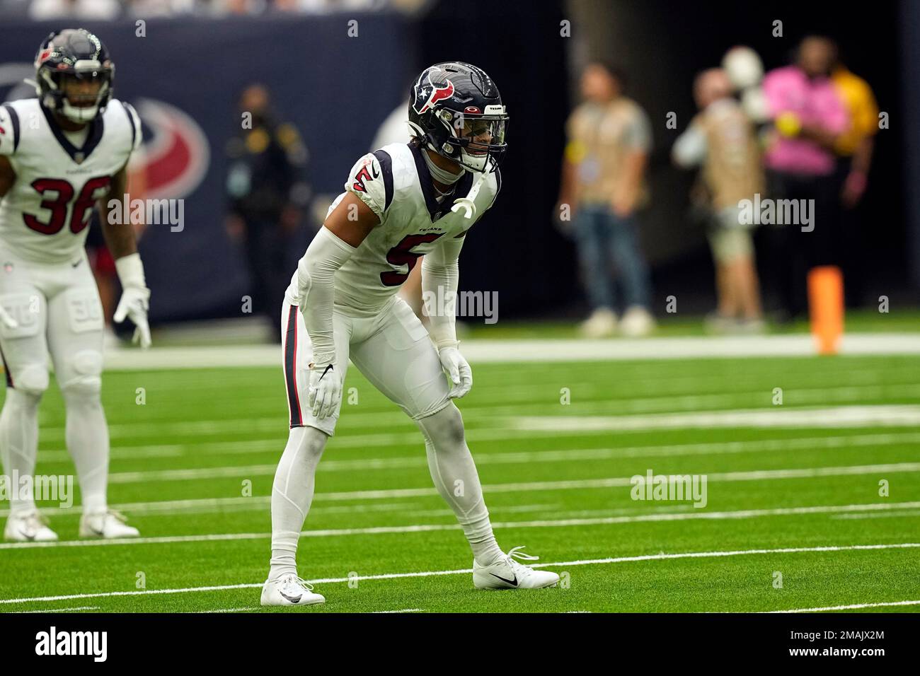 Houston Texans safety Jalen Pitre (5) lines up against the Indianapolis ...