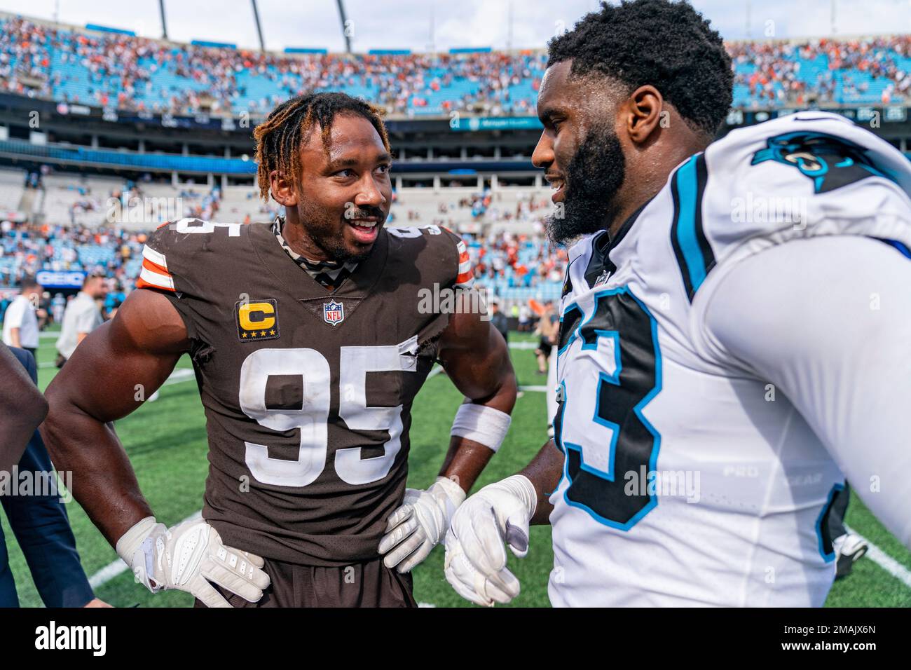 Cleveland Browns defensive end Myles Garrett (95) talks with Carolina ...