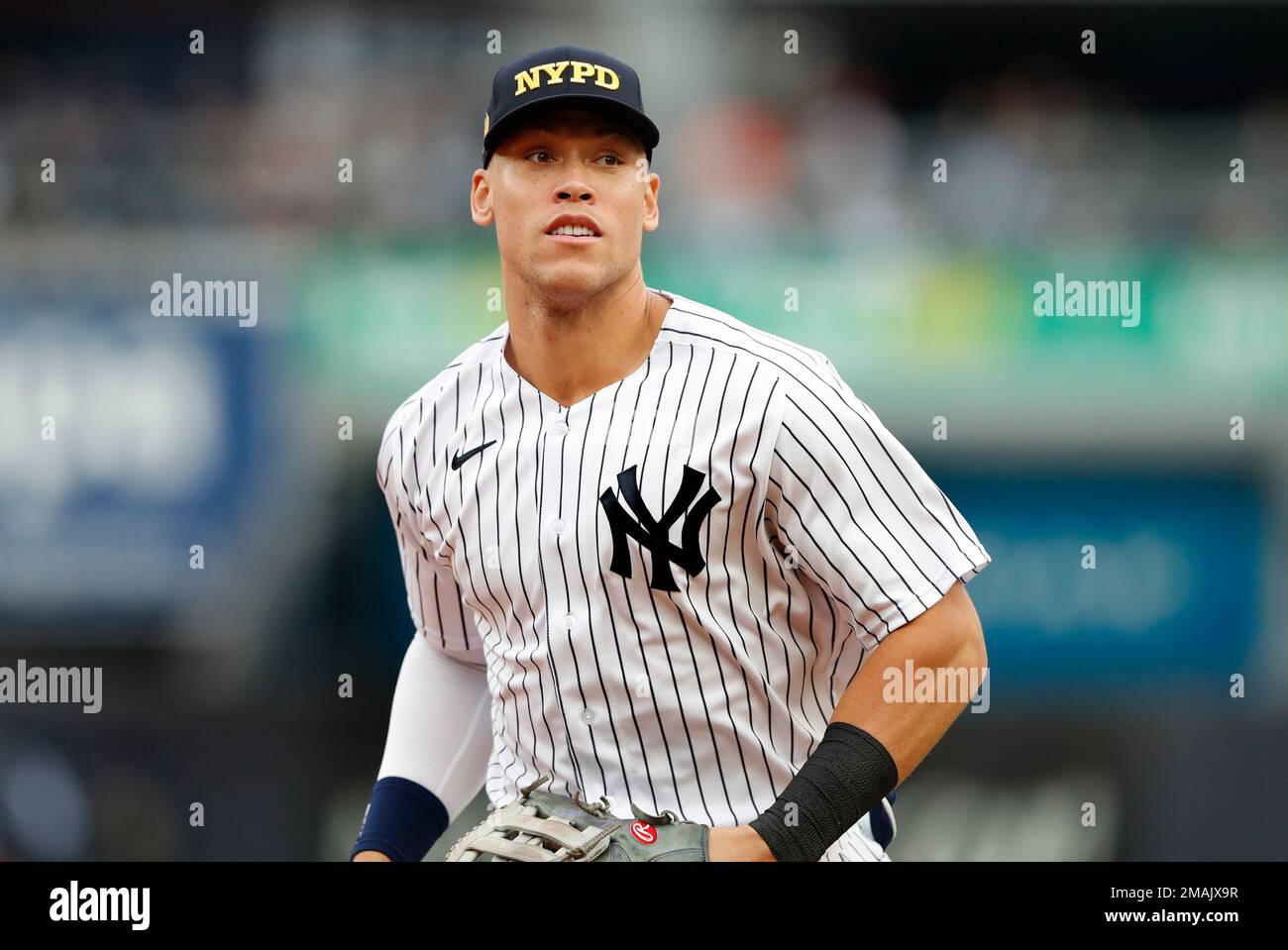 New York Yankees center fielder Aaron Judge warms up before a baseball ...