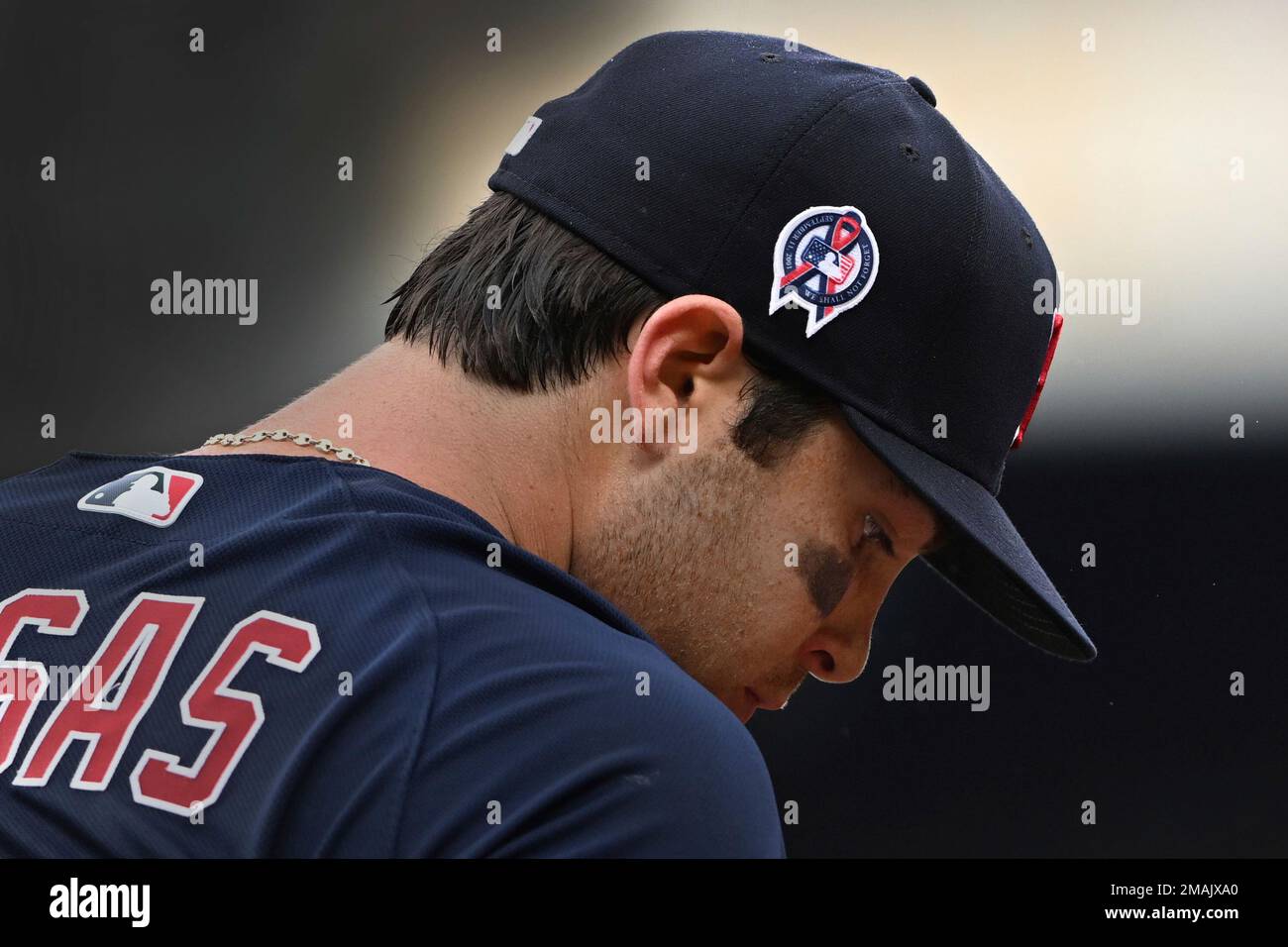 Boston Red Sox first baseman Triston Casas, wearing a patch on his hat in remembrance of 9/11 ...
