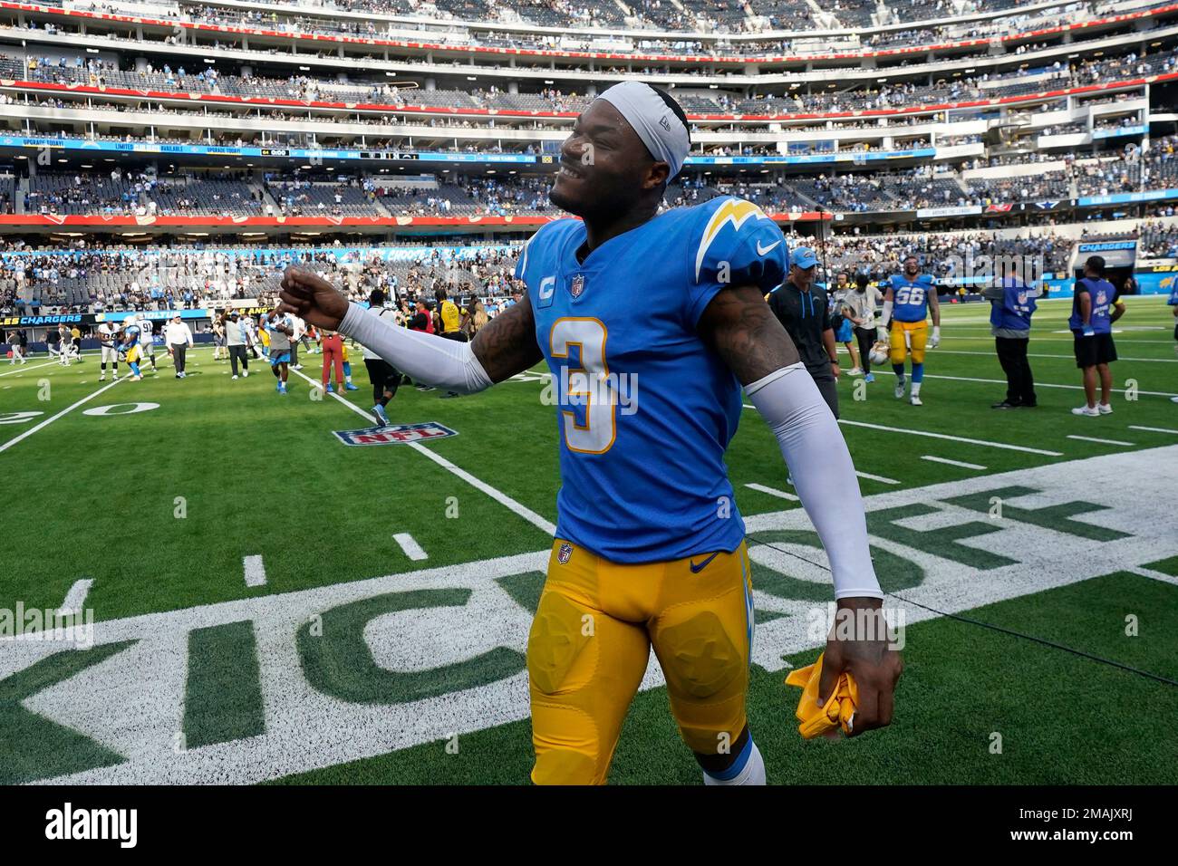 Los Angeles Chargers safety Derwin James Jr. (3) celebrates after an ...