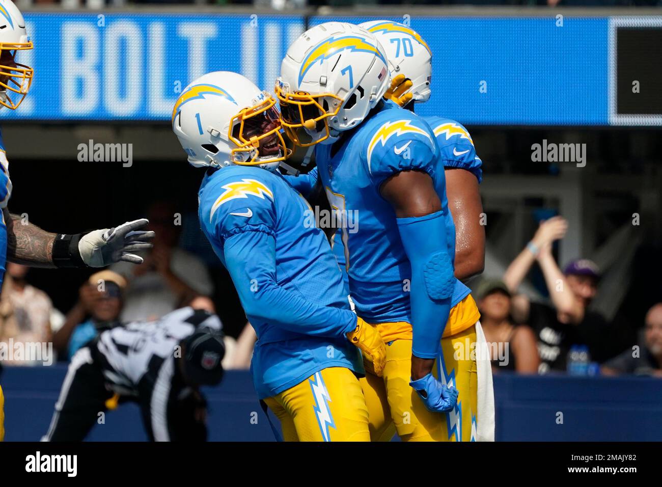 Los Angeles Chargers wide receiver DeAndre Carter (1) celebrates tight ...