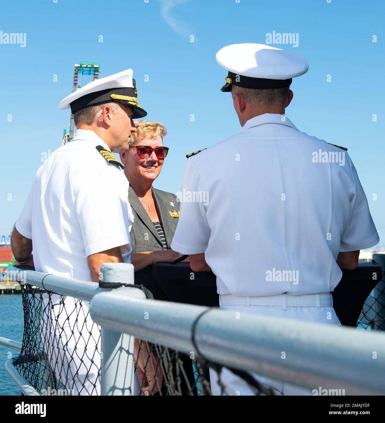 LOS ANGELES (May 28, 2022) Retired Fleet Master Chief Joann Ortloff, center, vice president of ...