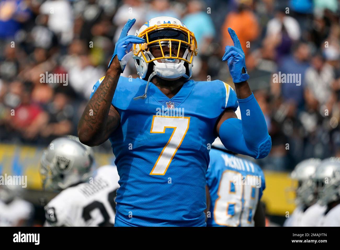 Los Angeles Chargers tight end Gerald Everett (7) celebrates after ...