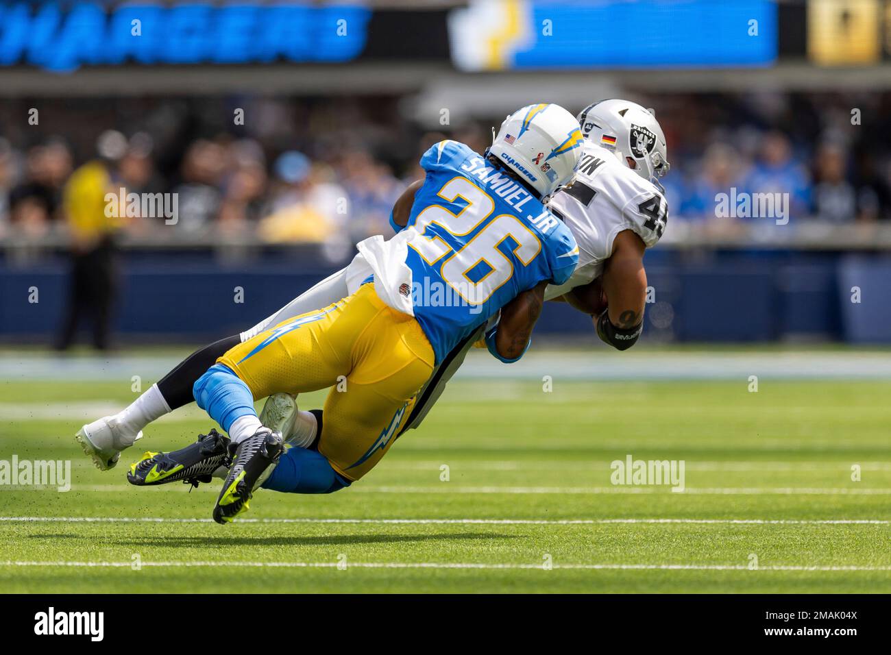 Cornerback (26) Asante Samuel, Jr. of the Los Angeles Chargers makes a ...