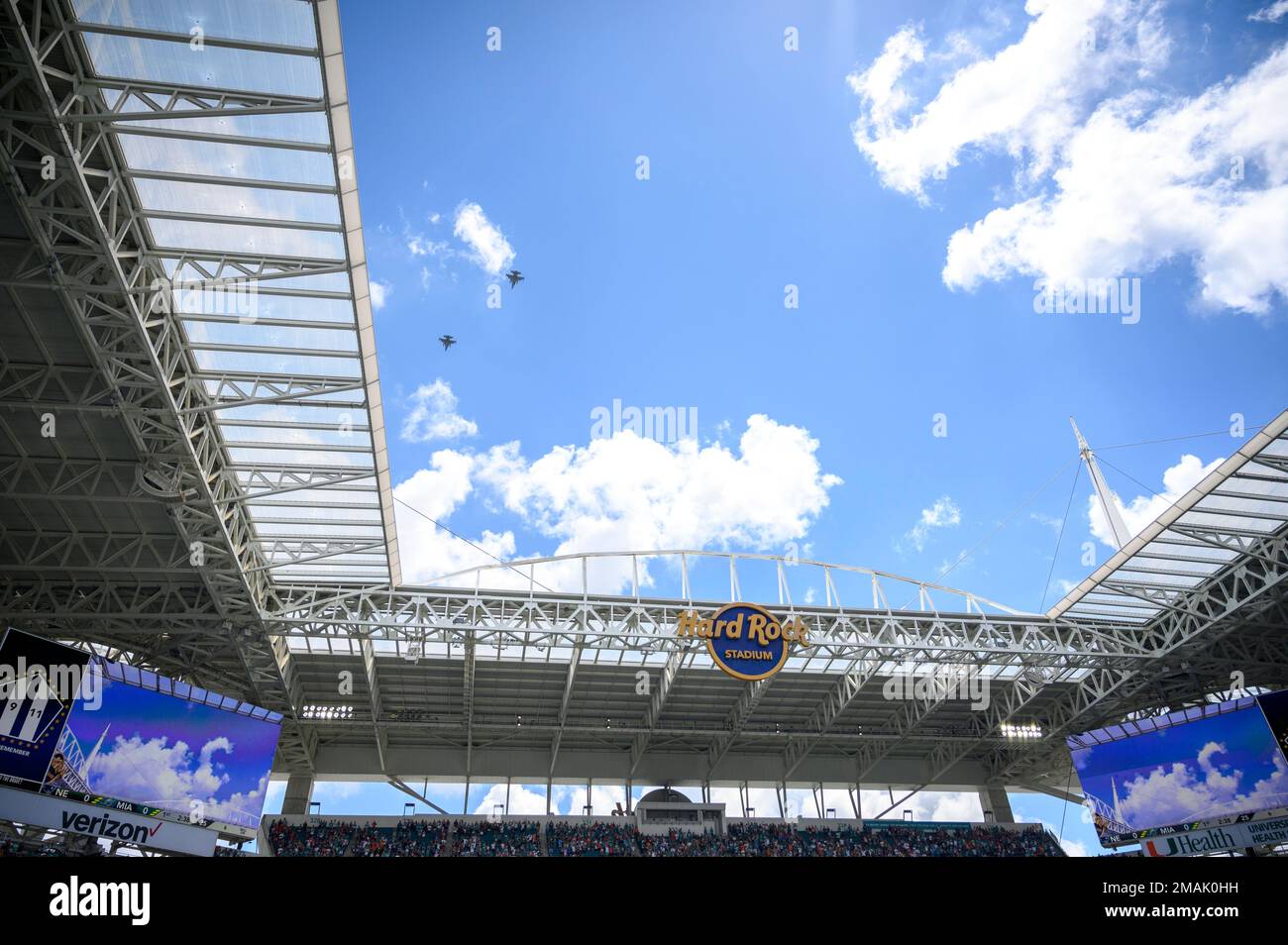 Two Air Force F-16 fighter jets flyover the Hard Rock Stadium after the ...