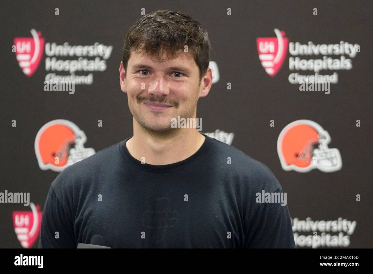 Cleveland Browns place kicker Cade York smiles during a news conference ...