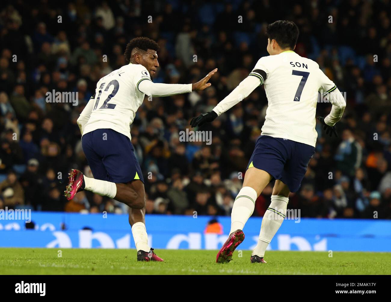Manchester, UK. 19th January 2023. Emerson of Tottenham (l) turns to ...