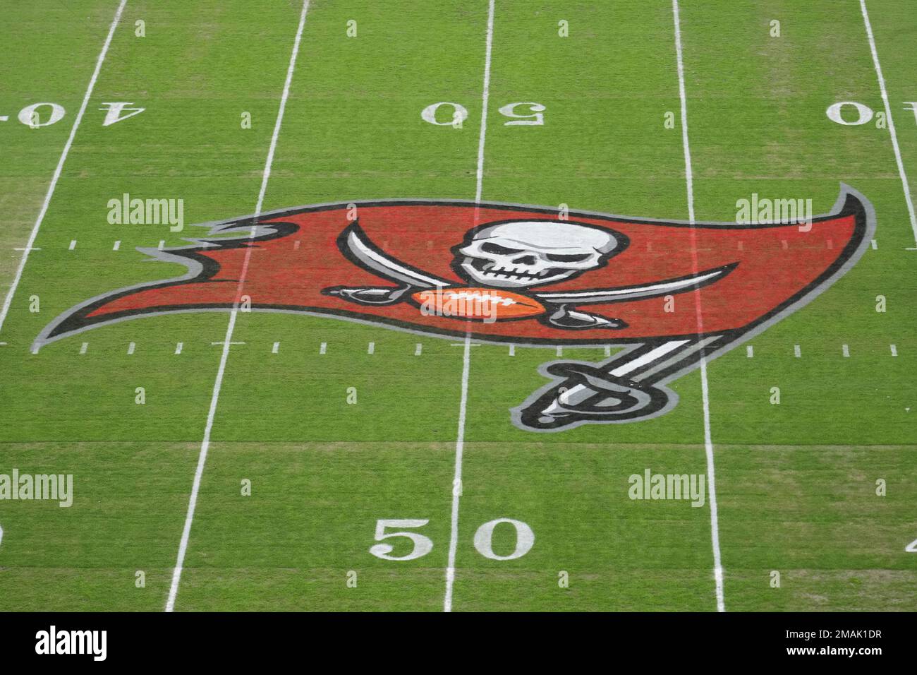 The Tampa Bay Buccaneers midfield logo is seen from the upper deck ...