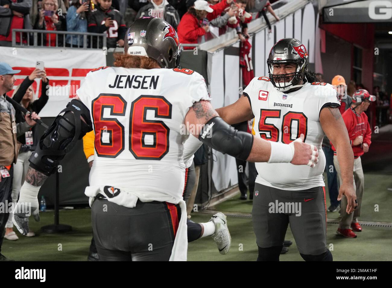 Tampa Bay Buccaneers defensive tackle Vita Vea (50) is greeted by Tampa ...