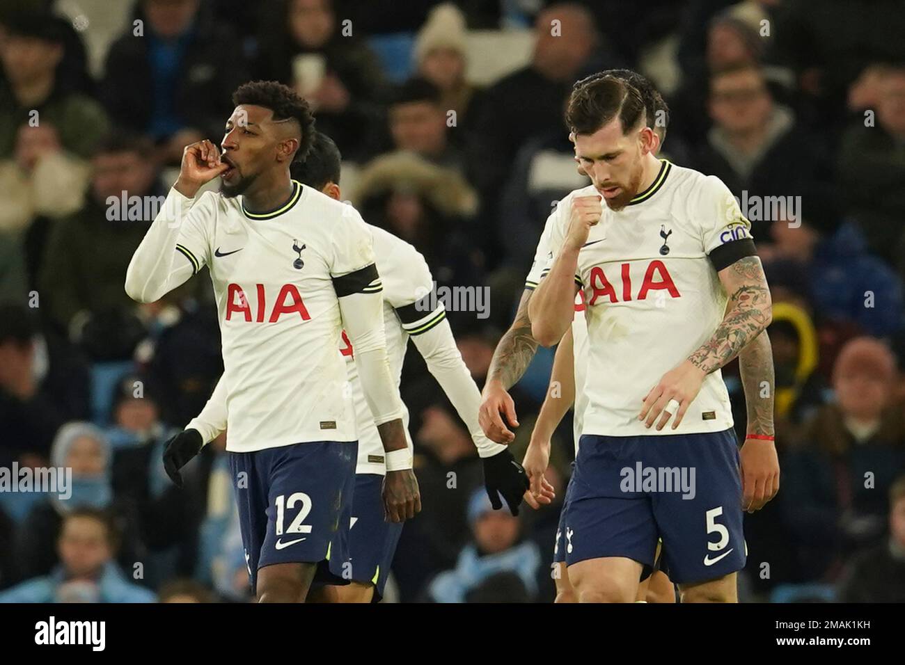 Tottenham's Emerson Royal, left, celebrates after scoring his side's ...
